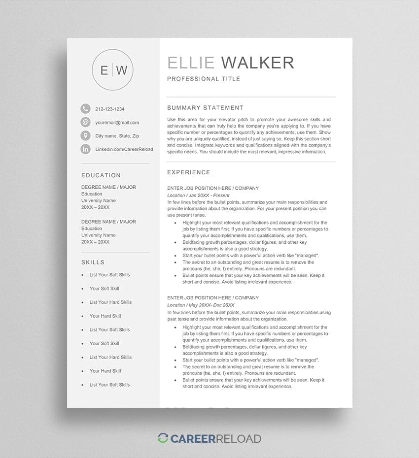 Resume Template with Monogram for Word - Free Download