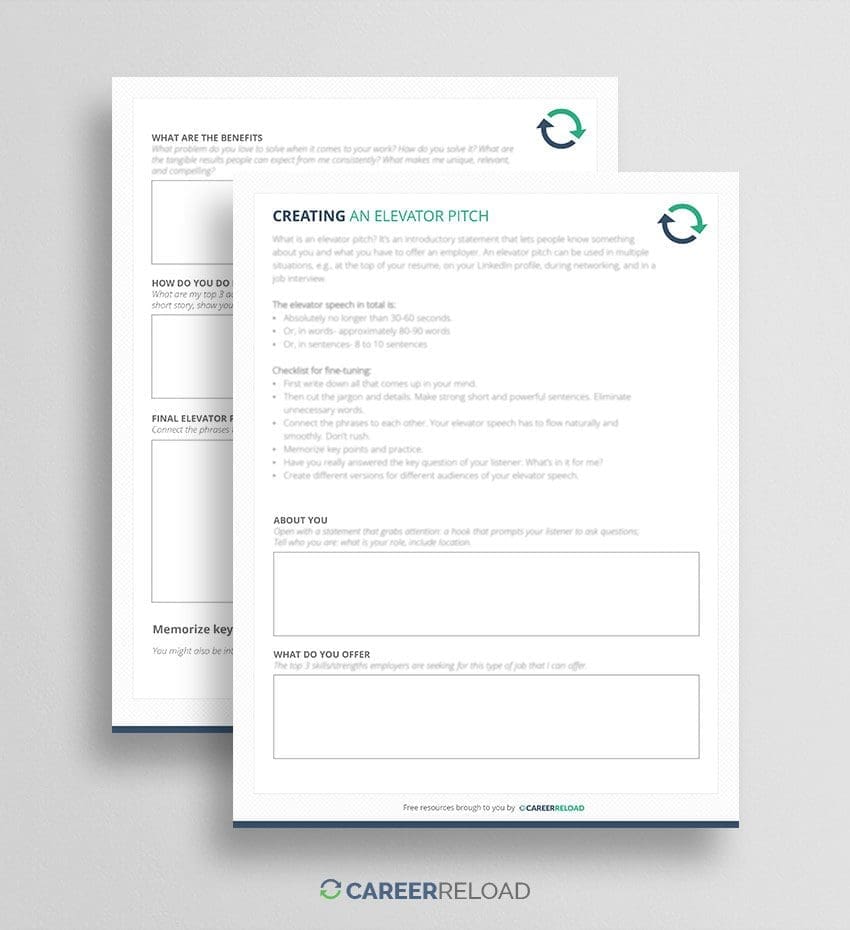 Elevator Pitch Worksheet - Career Reload